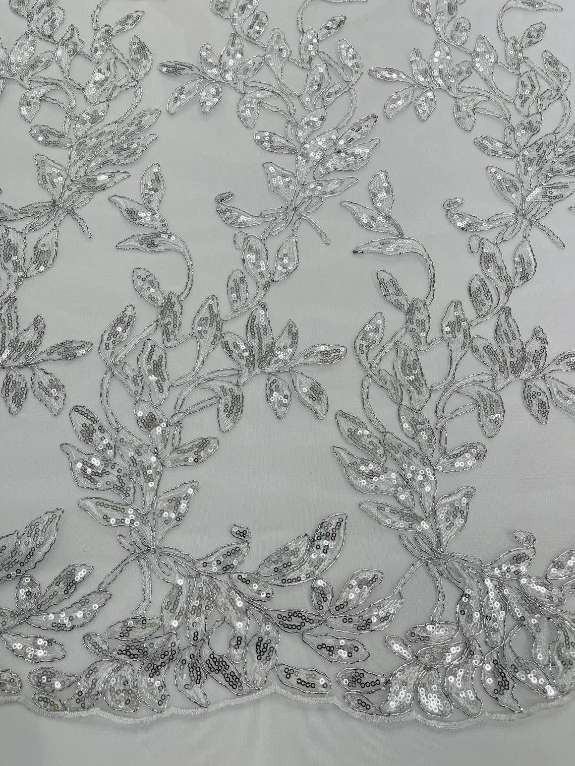 Silver Metallic Thread Leaf Design Embroidered With Sequins on a Mesh