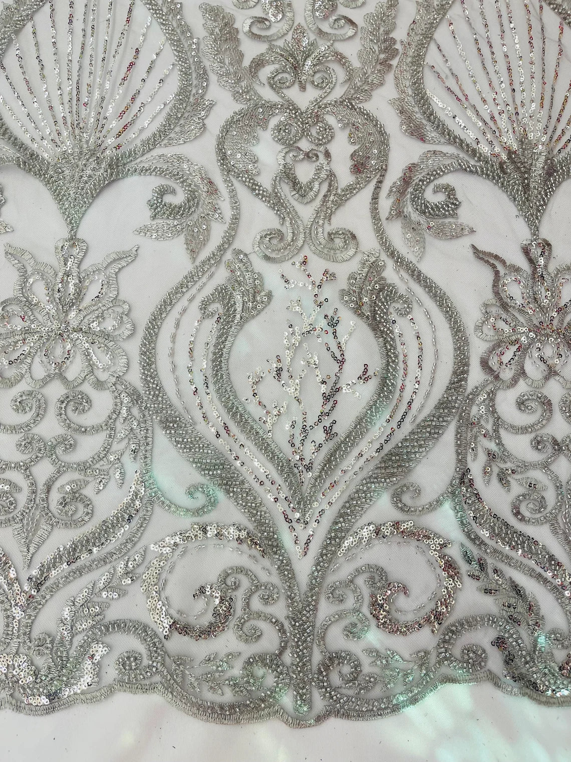 Leaf Damask Bead Fabric - Silver - Embroidered Sequins Heavy Beaded La