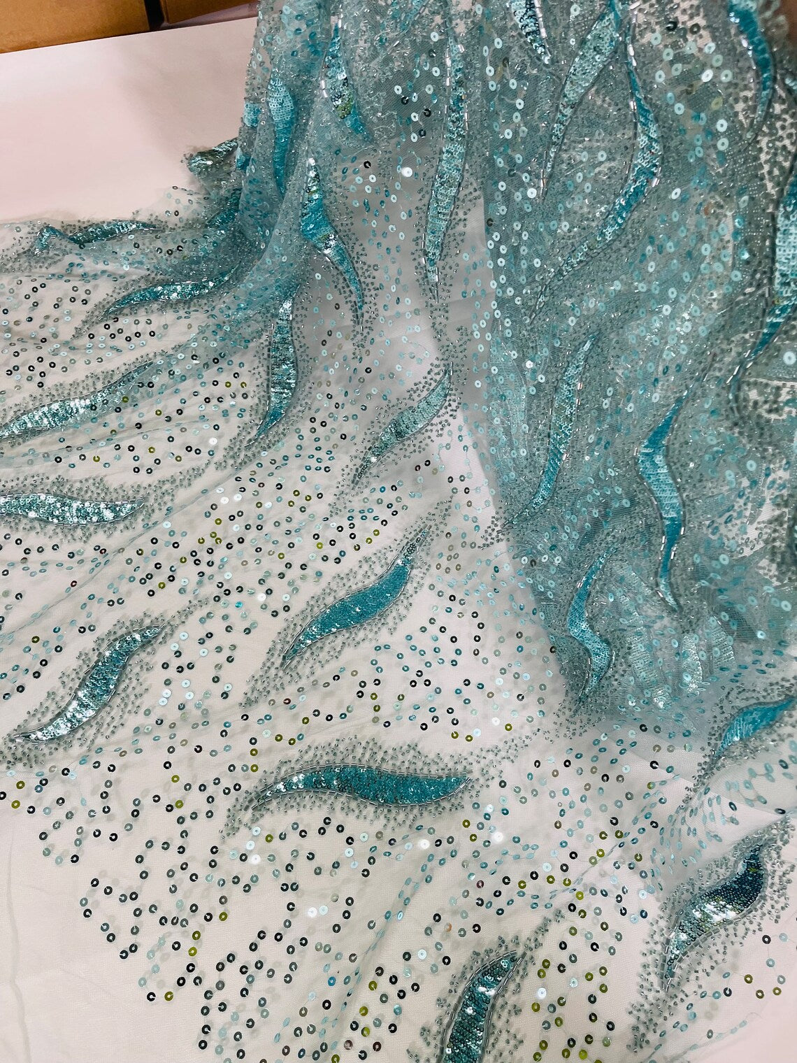 Fire Flame Bead Fabric - Tiffany Blue - Sequins and Beads in Fire Flam