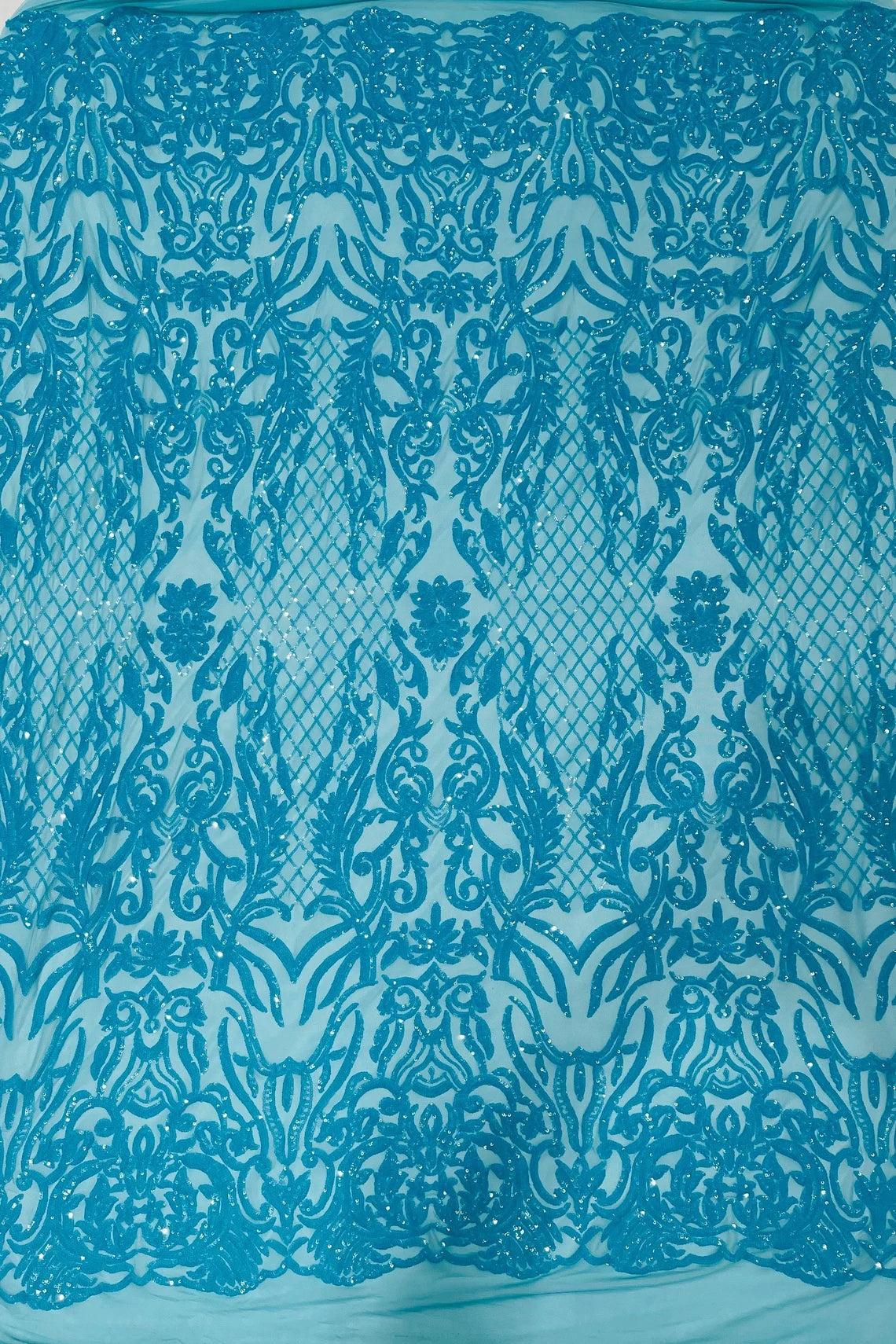 4 Way Stretch Fabric Design - Turquoise - Fancy Net Sequins Design Fab