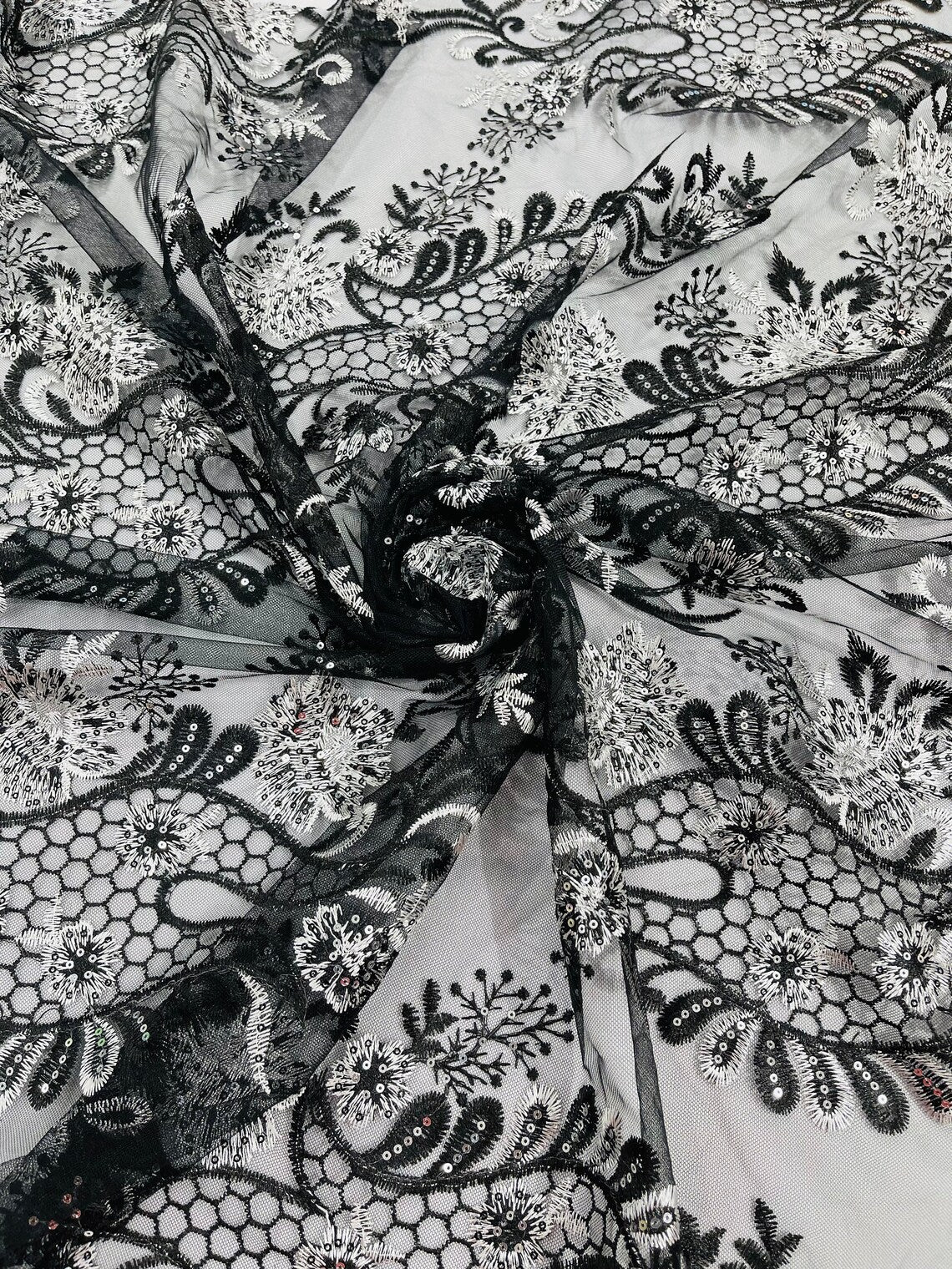 Two Tone Lace Floral Fabric - White / Black - Flower and Fish Designs