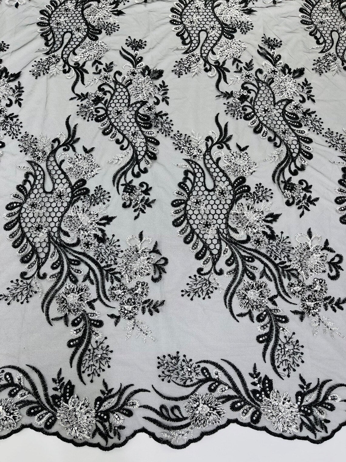 Two Tone Lace Floral Fabric - White / Black - Flower and Fish Designs