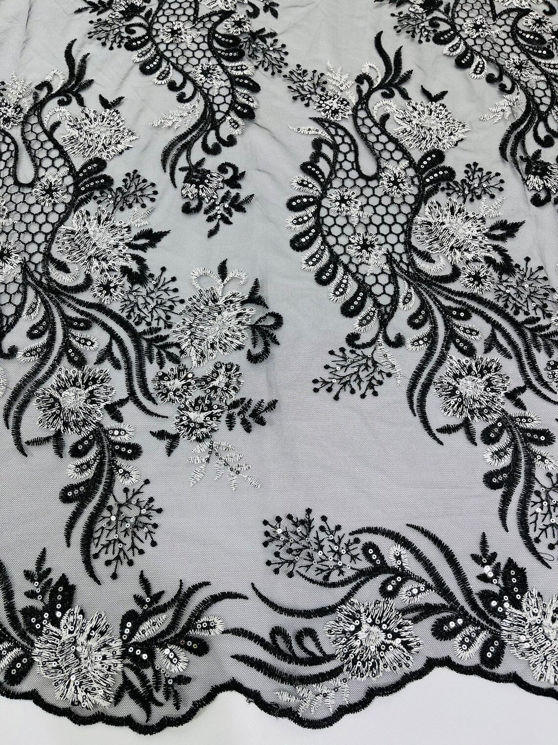 Two Tone Lace Floral Fabric - White / Black - Flower and Fish Designs