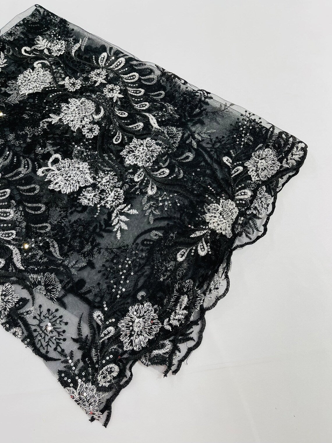 Two Tone Lace Floral Fabric - White / Black - Flower and Fish Designs
