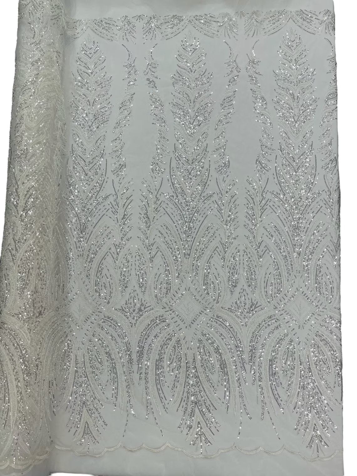 Beaded Line Fabric - White - Luxury Bridal Line Pattern Fabric With Be