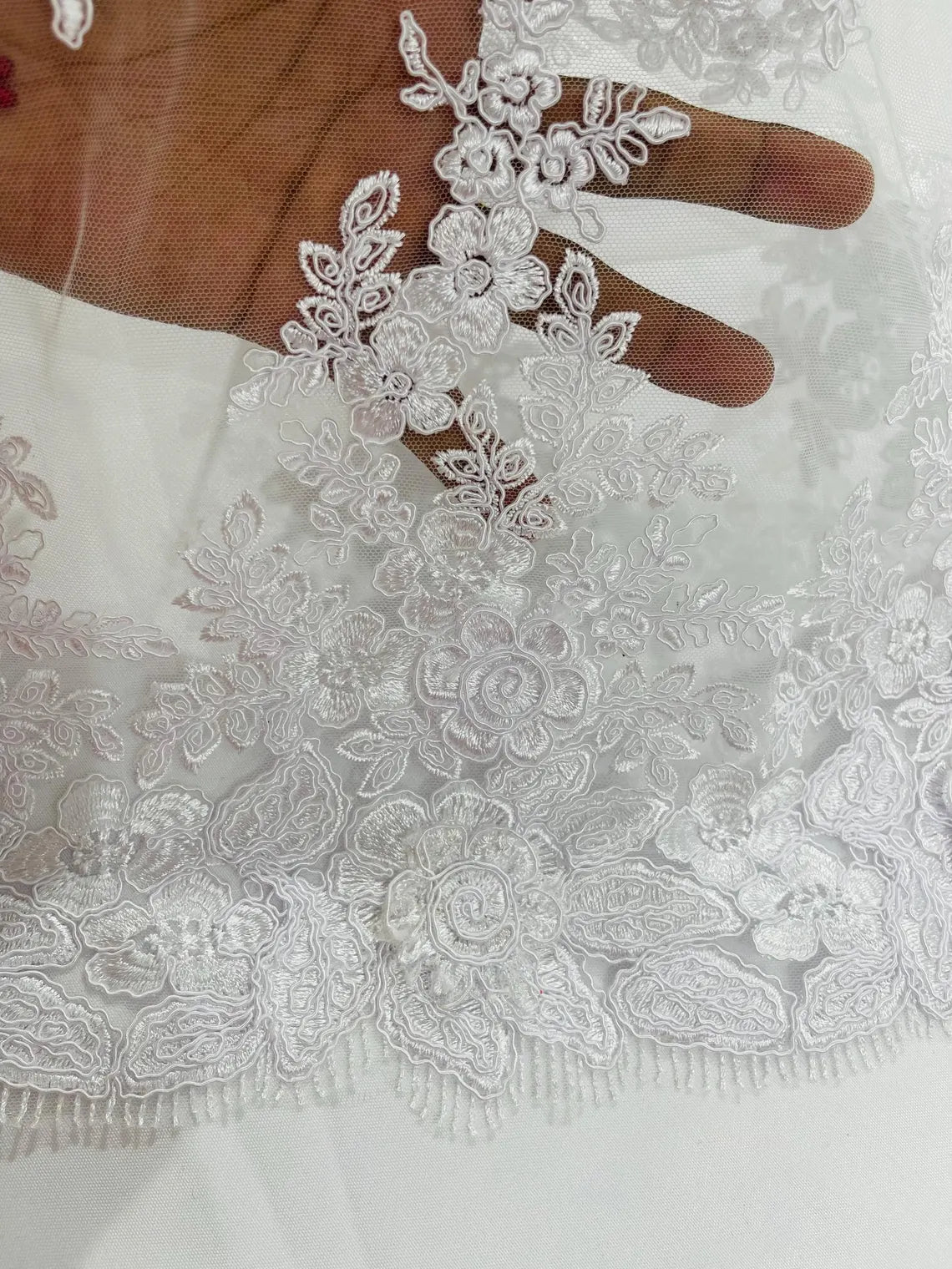 Flower 3D Corded Fabric - White - Lace Mesh Fabric Embroidered Floral