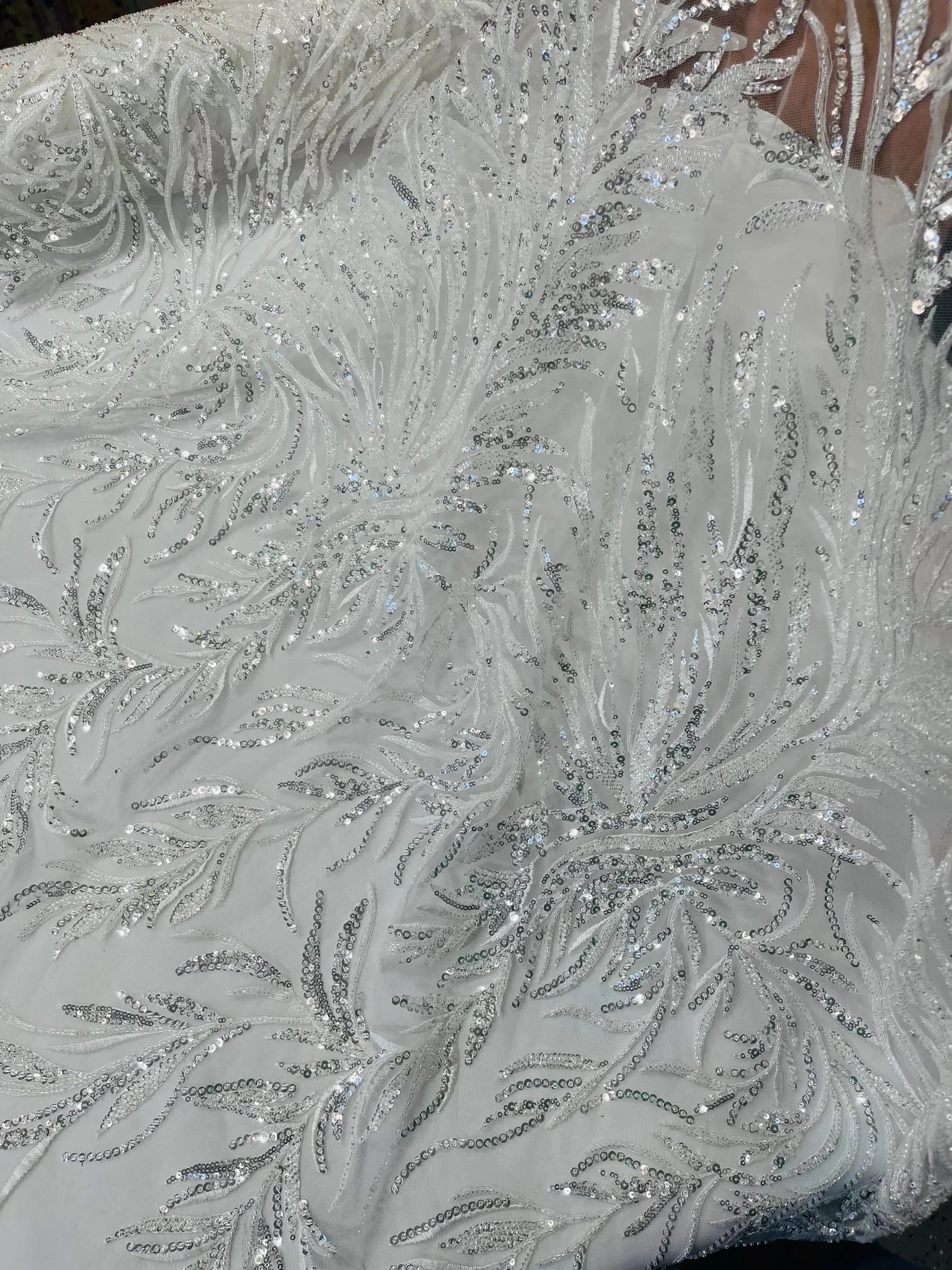 White Beaded Fabric by the yard, Bridal beaded, Damask Pattern With Be