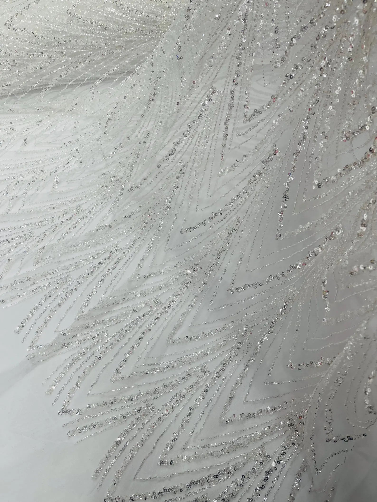 White Luxury Beaded Pattern Fabric by the yard, Embroidery Beaded Lace