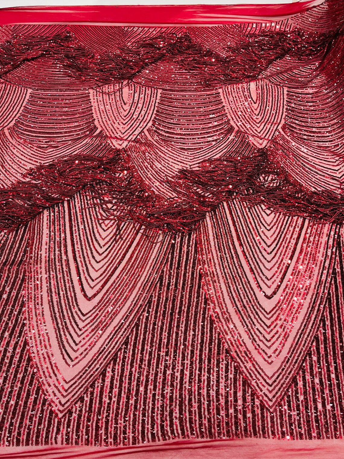 Fringe Sequins Design - Burgundy - Fringe Design Embroidered on a 4 Wa