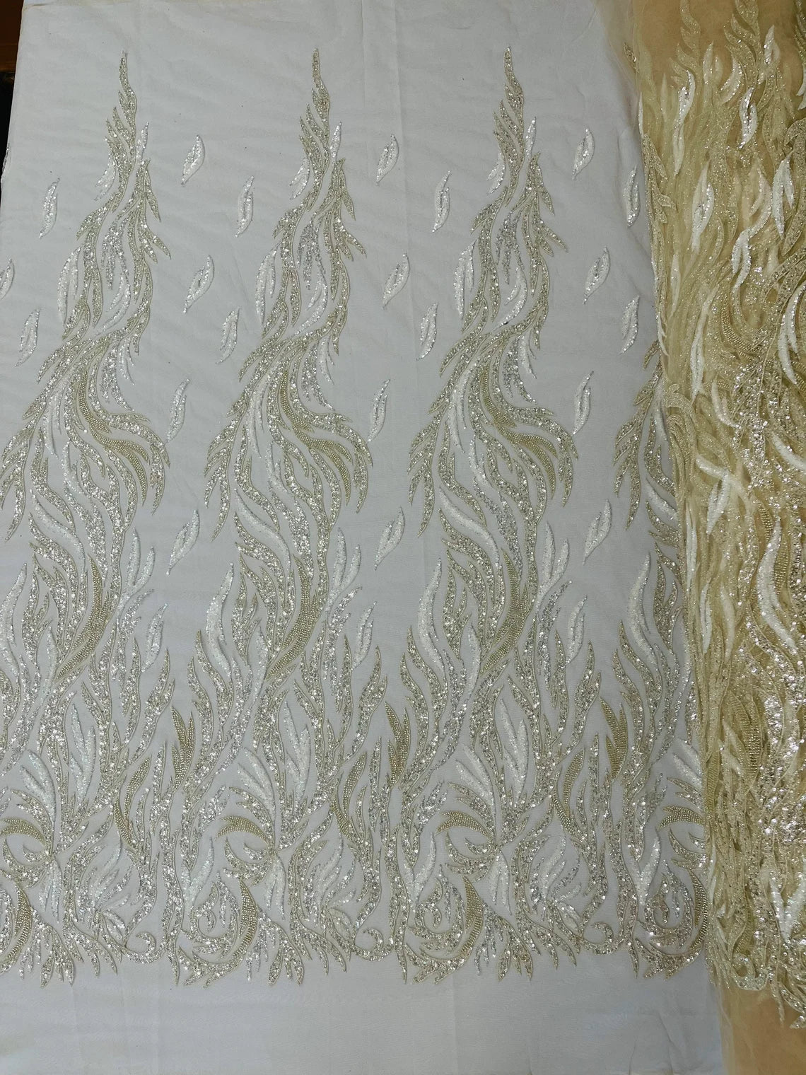 Beaded Flame Design Fabric - Clear Cream - Beaded Embroidered Fire Fla