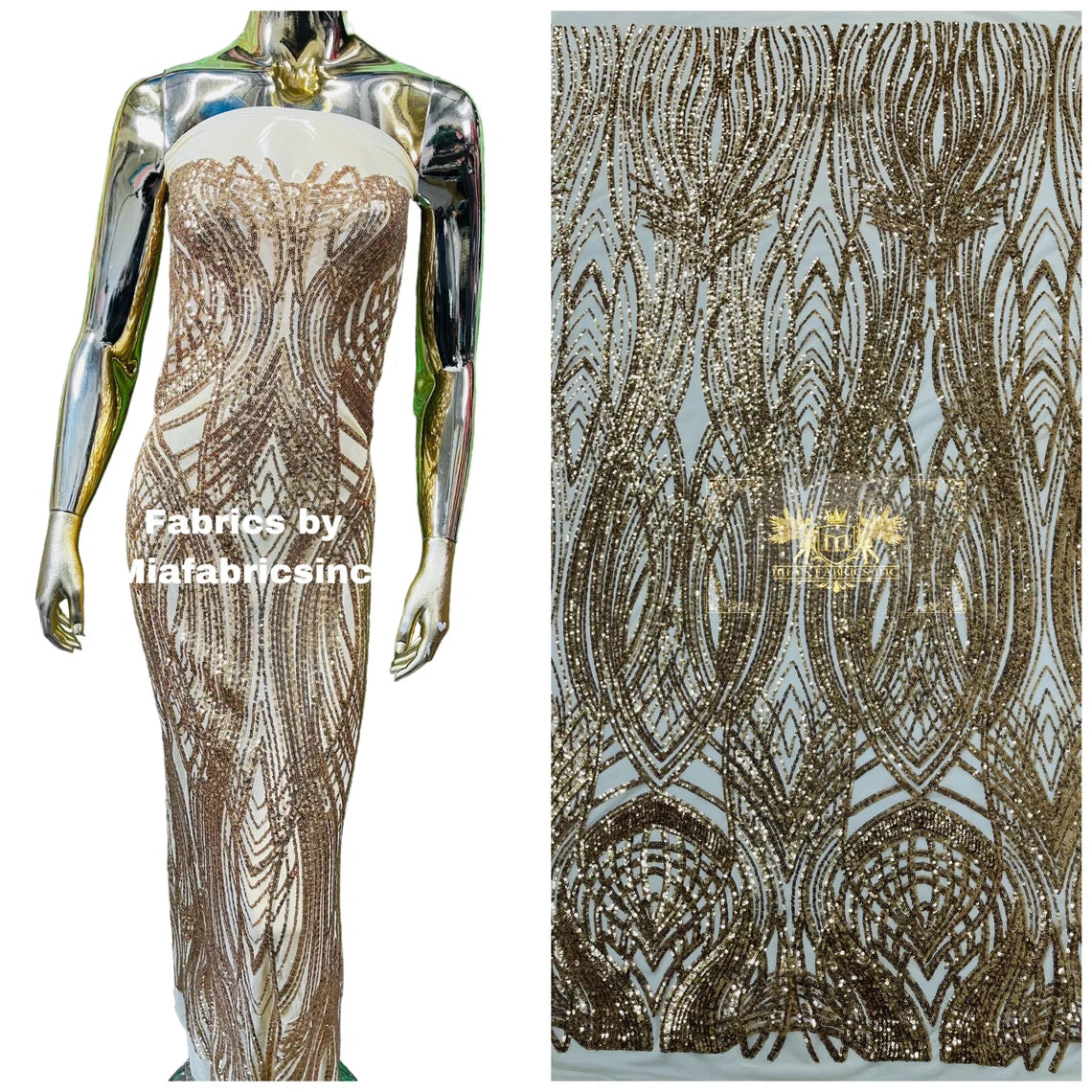 Long Wavy Line Design Sequins - Gold - 4 Way Stretch Sequin Design on