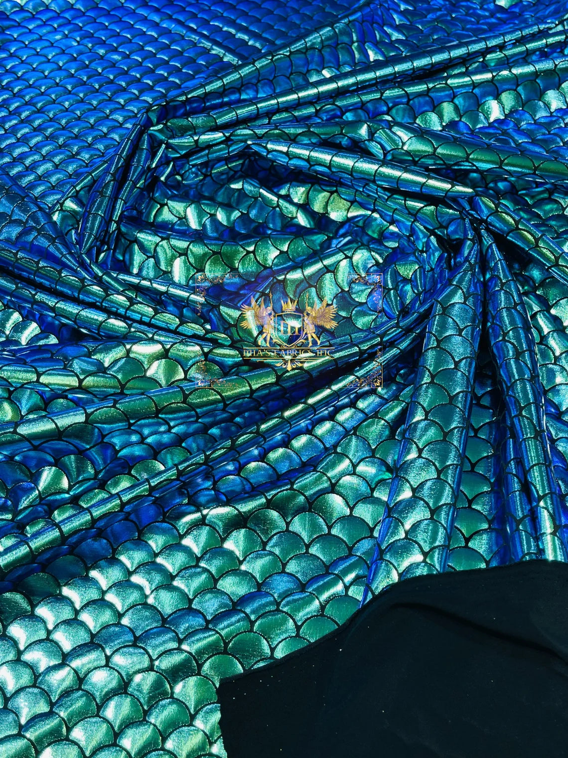 Mermaid Spandex Foil Fabric - Green / Blue - Mermaid Design on Stretch