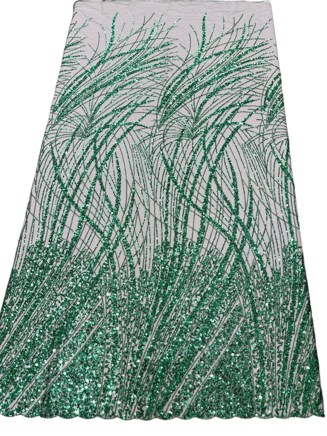 Wild Grass Beaded Fabric - Hunter Green - Embroidered Wavy Grass Patte