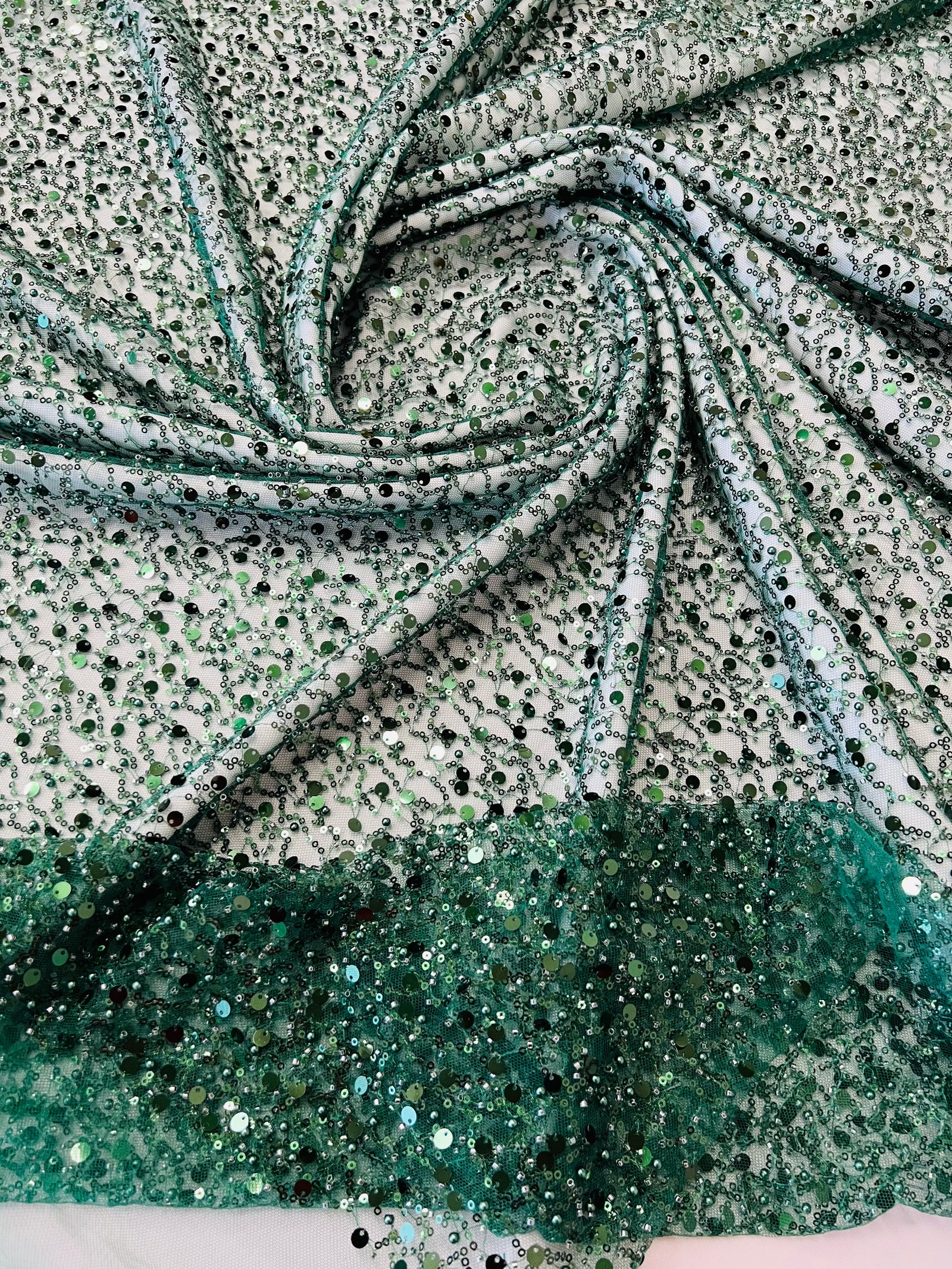 Beaded Sequins Mesh Fabric - Hunter Green - Embroidered Beaded Wedding