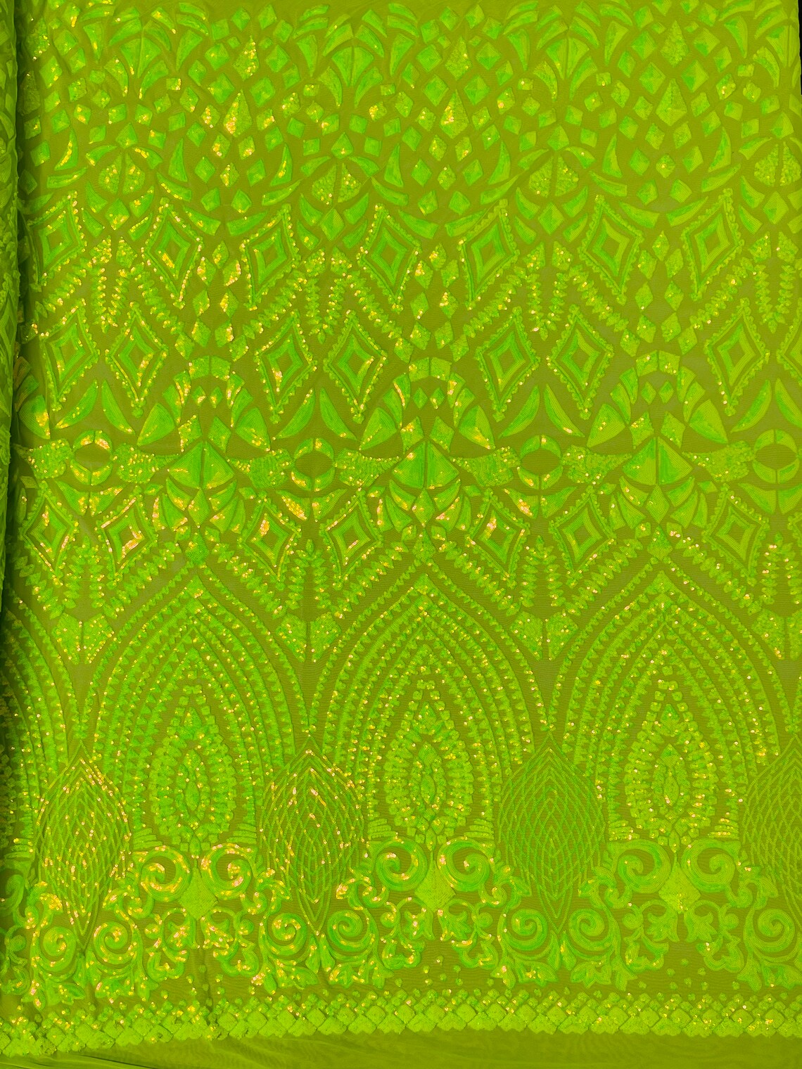 Geometric Design Fabric - Lime Green - 4 Way Stretch Embroidered Desig