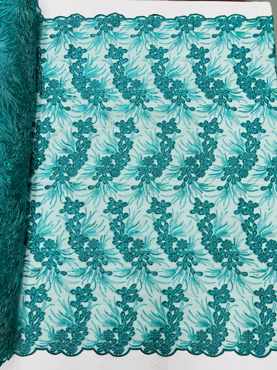 Plant Cluster Design Fabric - Metallic Jade - Embroidered High Quality
