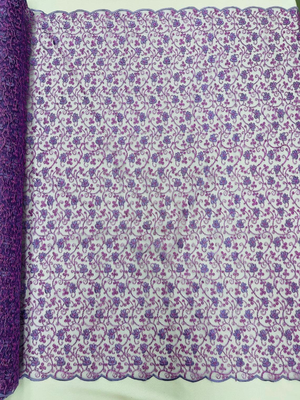 Metallic Corded Lace Fabric - Metallic Lilac - Flower Design Embroider