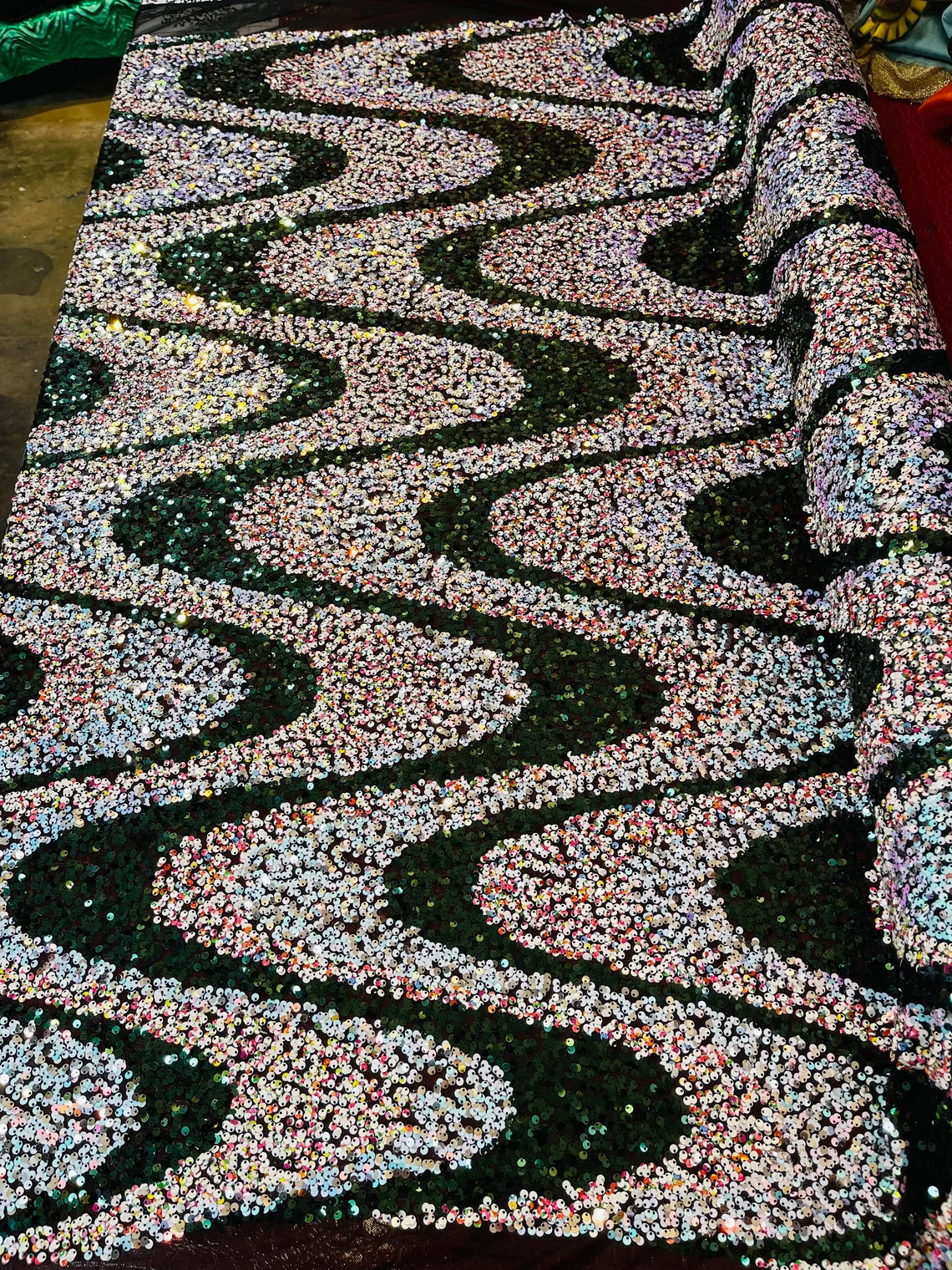 Wavy Sequins Design - Multi-Color #2 - Black Mesh with Embroidered Seq