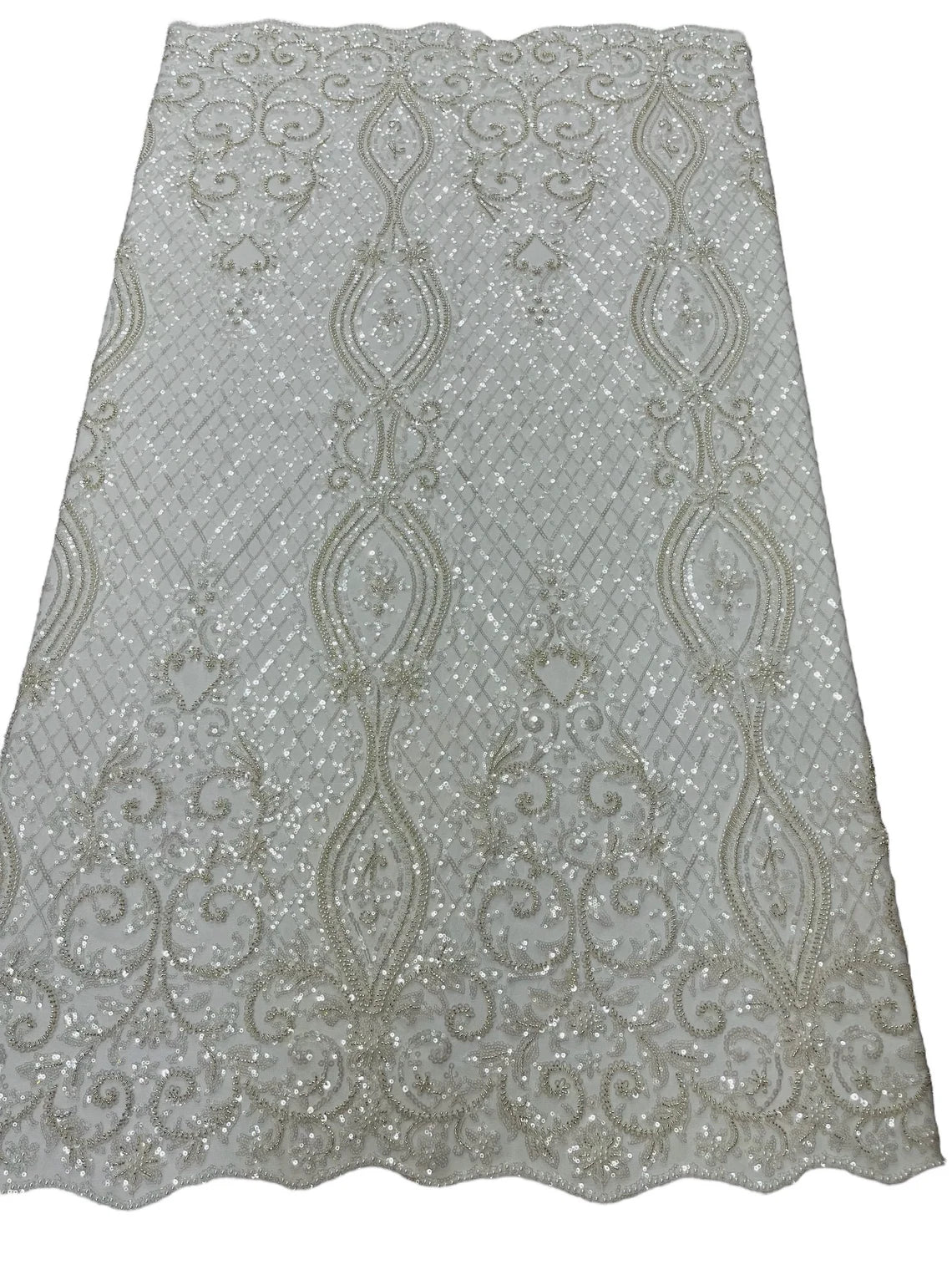 Elegant Damask Beaded Fabric - Off-White - Embroidered Floral Damask N