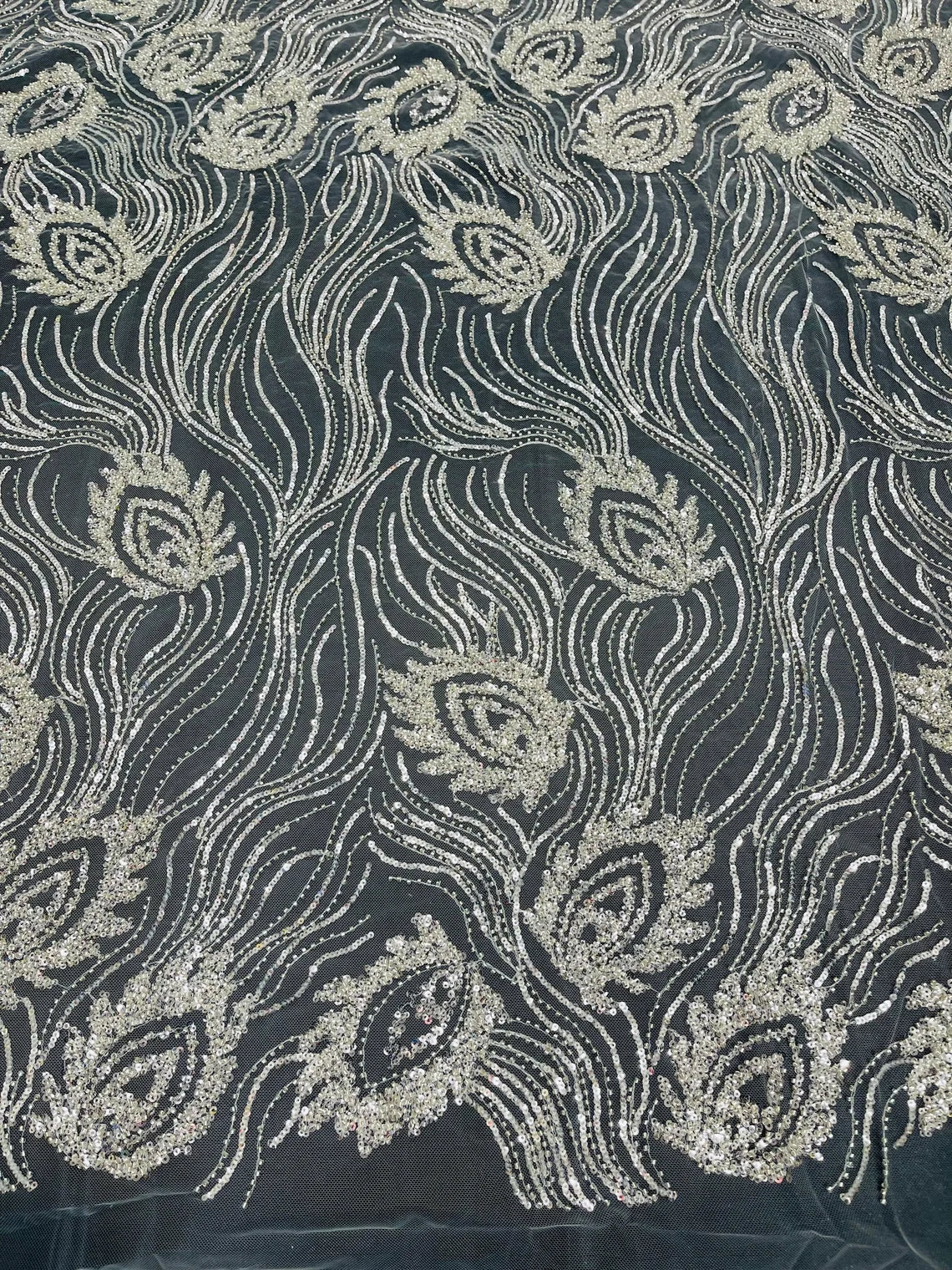 Off-White Wavy Leaf Pattern Fabric - Embroidered Beaded Bridal Fabric