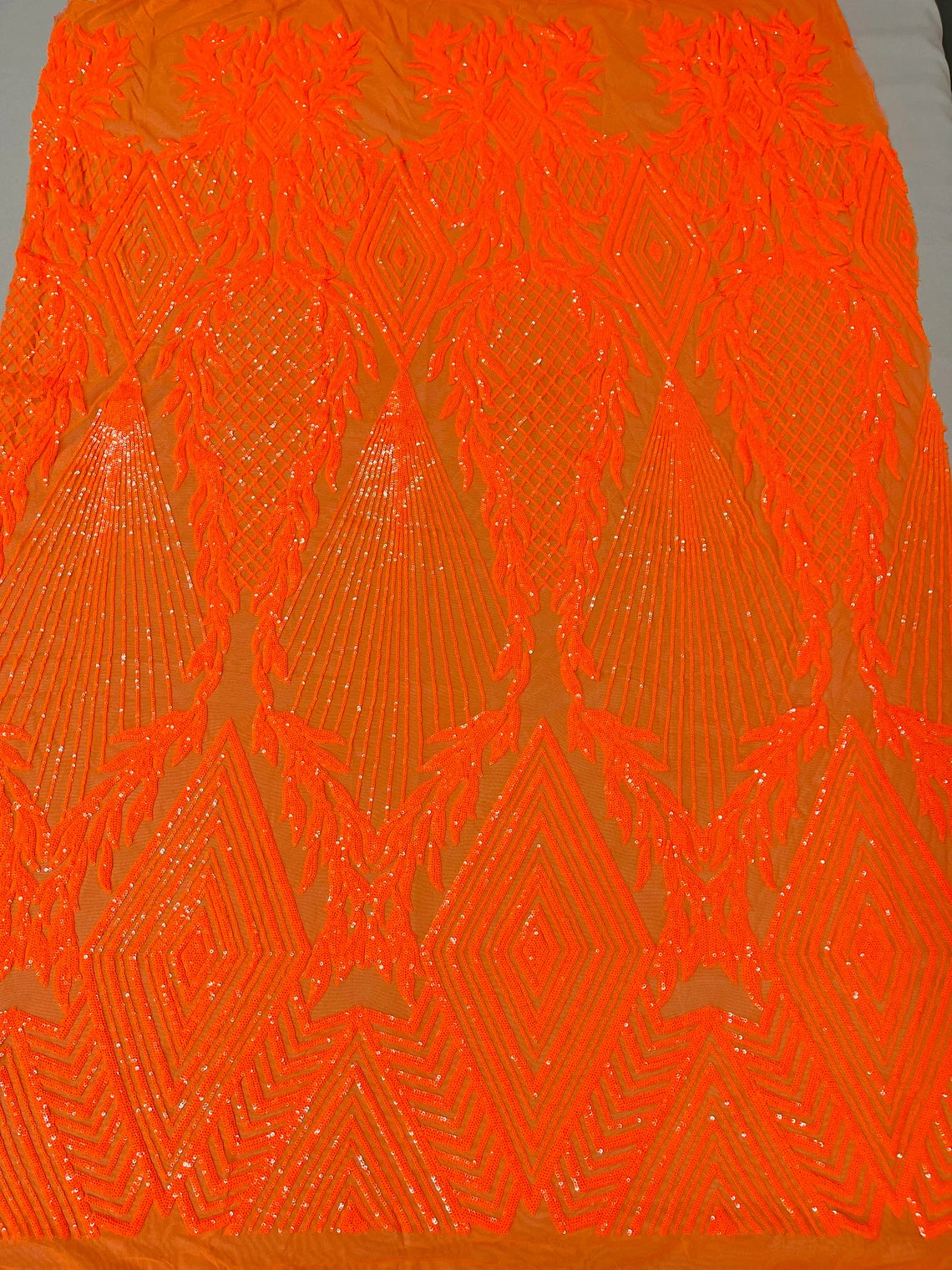 Triangle Pattern Sequins - Neon Orange - 4 Way Stretch Fabric Sequins