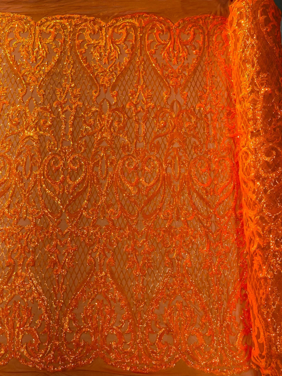 Heart Shape Sequins Fabric - Orange Iridescent - 4 Way Stretch Sequins
