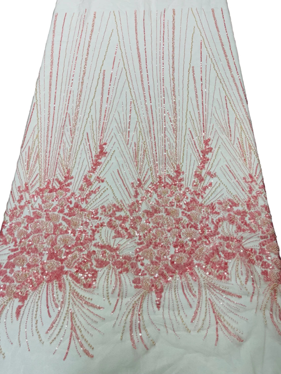 Flower Lines Fashion Design Fabric - Pink - Embroidered Floral Beads a