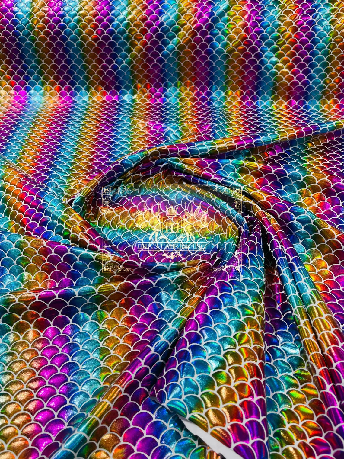 Mermaid Spandex Foil Fabric - Rainbow - Mermaid Design on Stretch Fabr