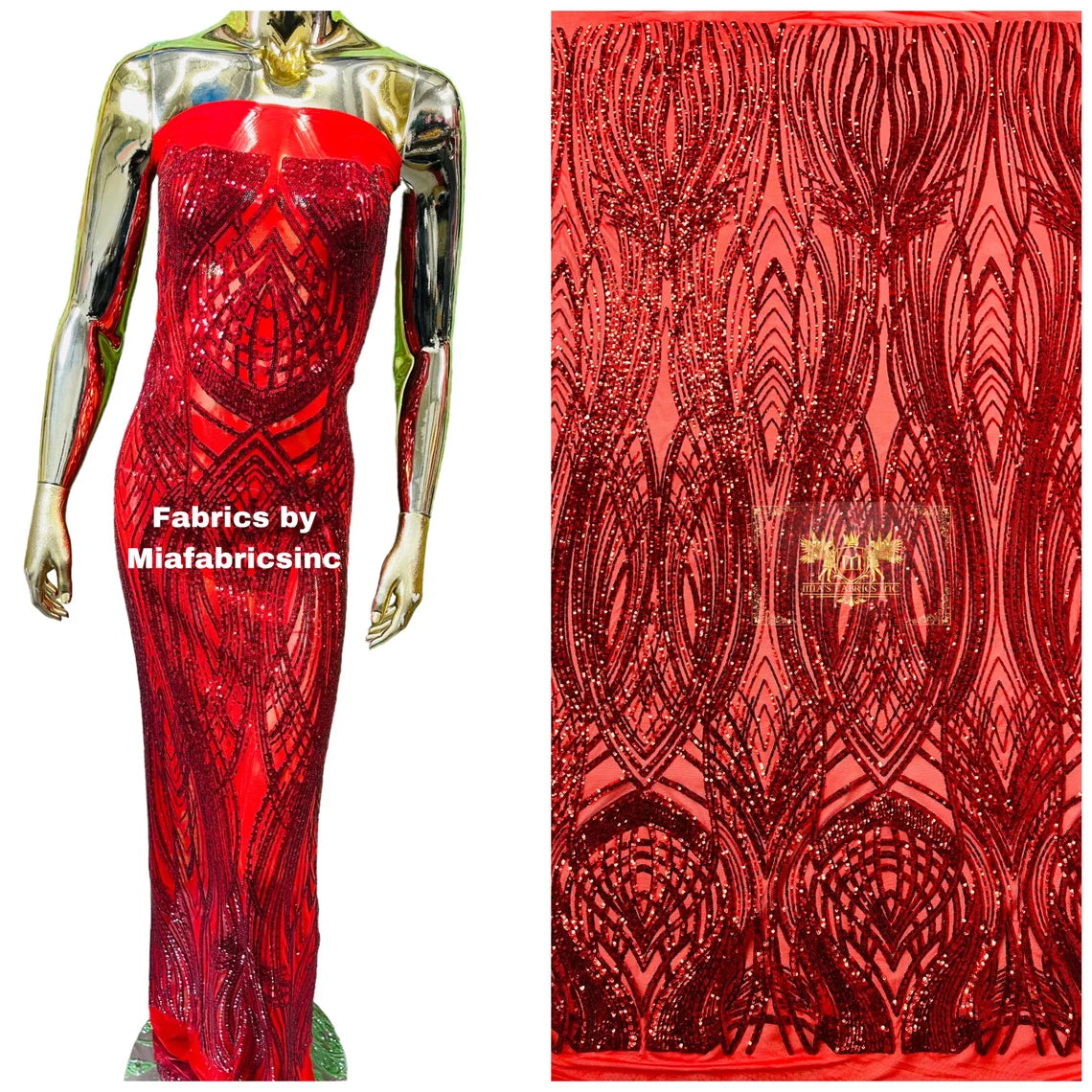 Long Wavy Line Design Sequins - Red - 4 Way Stretch Sequin Design on M