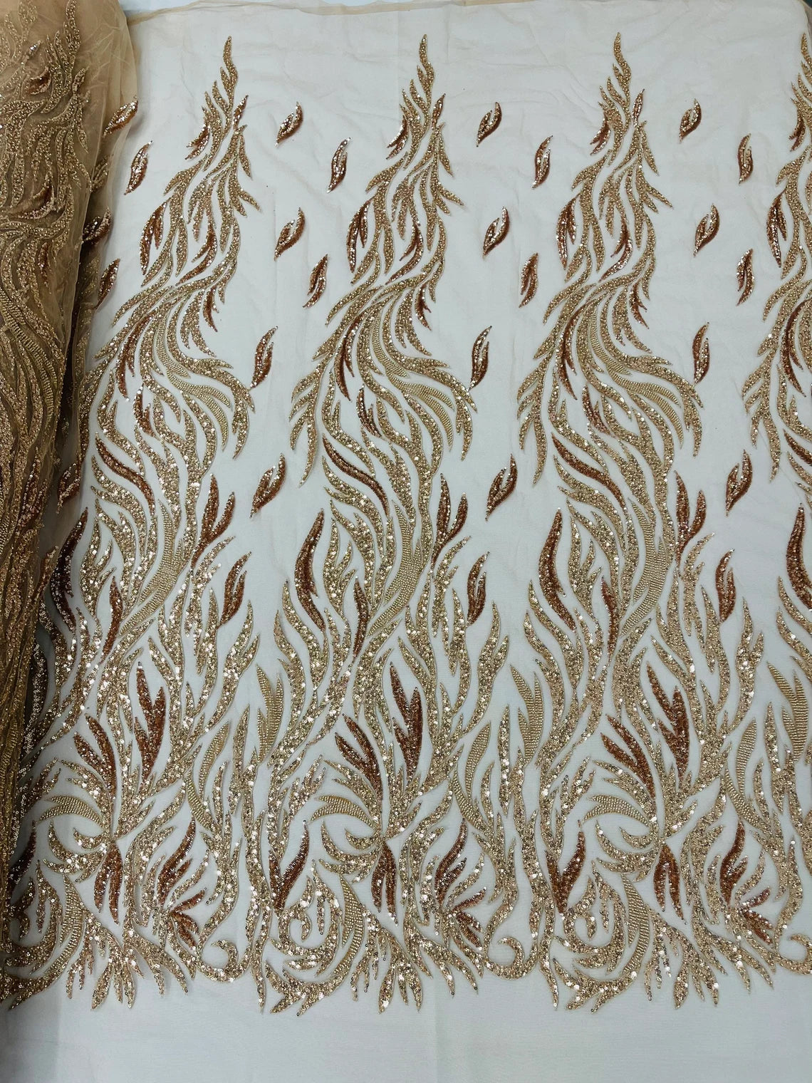 Beaded Flame Design Fabric - Rose Gold - Beaded Embroidered Fire Flame
