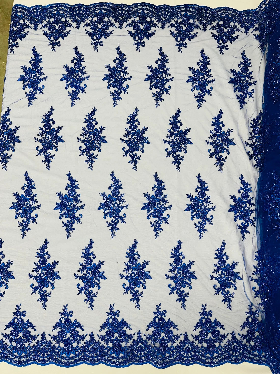 Fancy Border Cluster Fabric - Royal Blue - Embroidered Beaded Flower L