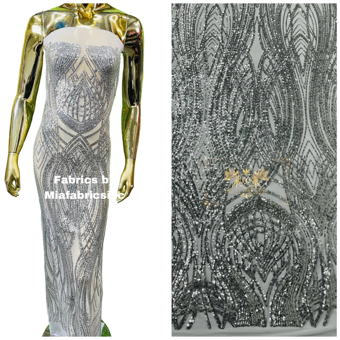 Long Wavy Line Design Sequins - Silver - 4 Way Stretch Sequin Design o