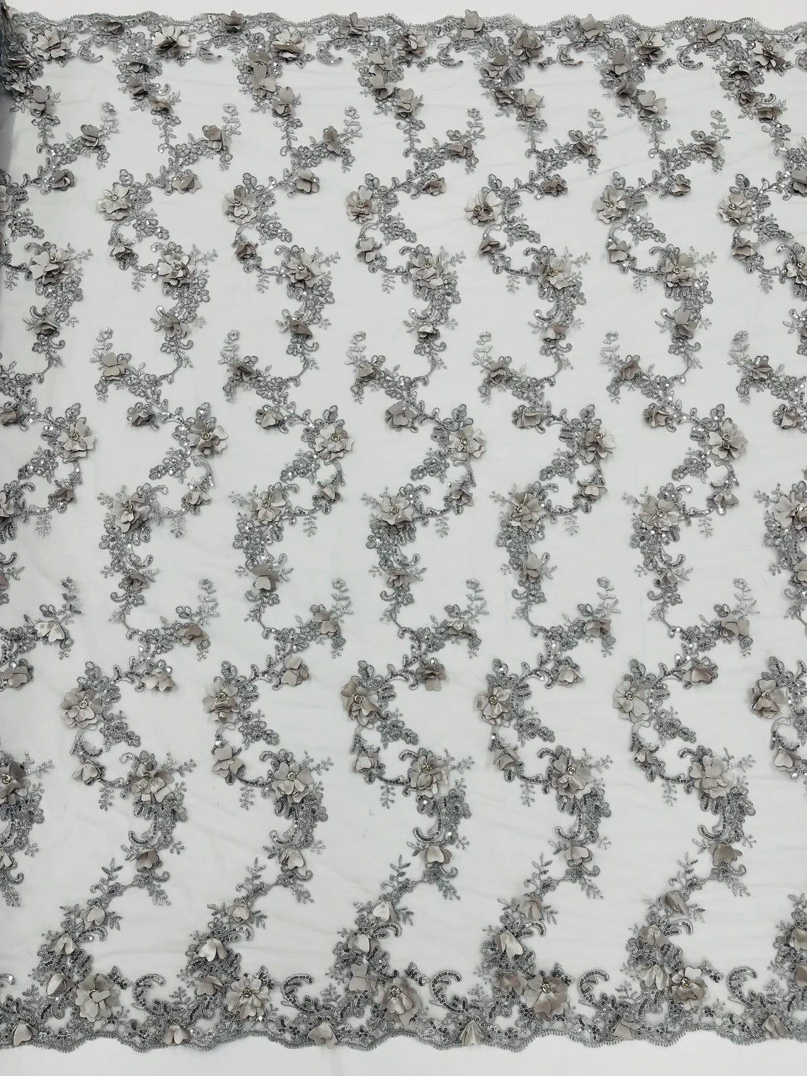 3D Flower Sequin Cluster Design - Silver - Sequins Embroidered Floral