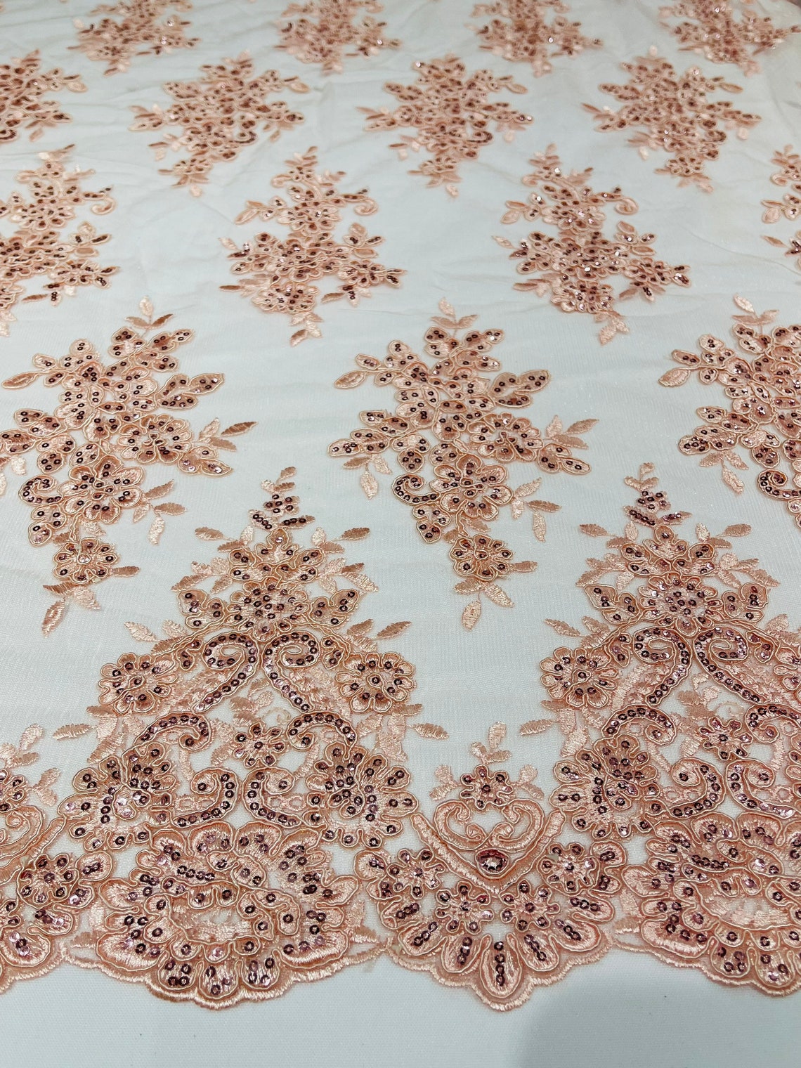 Flower Cluster Fabric - Blush - Embroidered Floral Design With Sequins