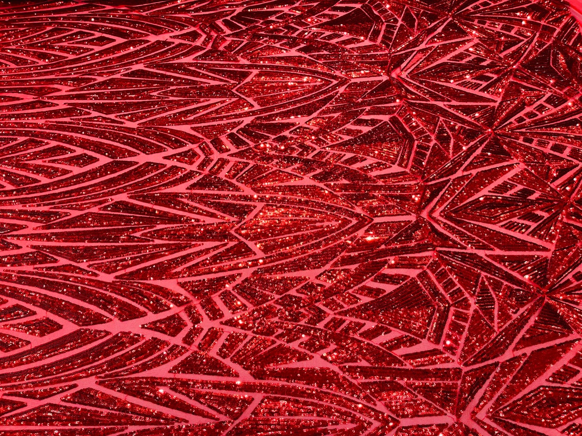 Sequins Fabric - Red - Geometric Pattern Design 4 Way Stretch Sold By