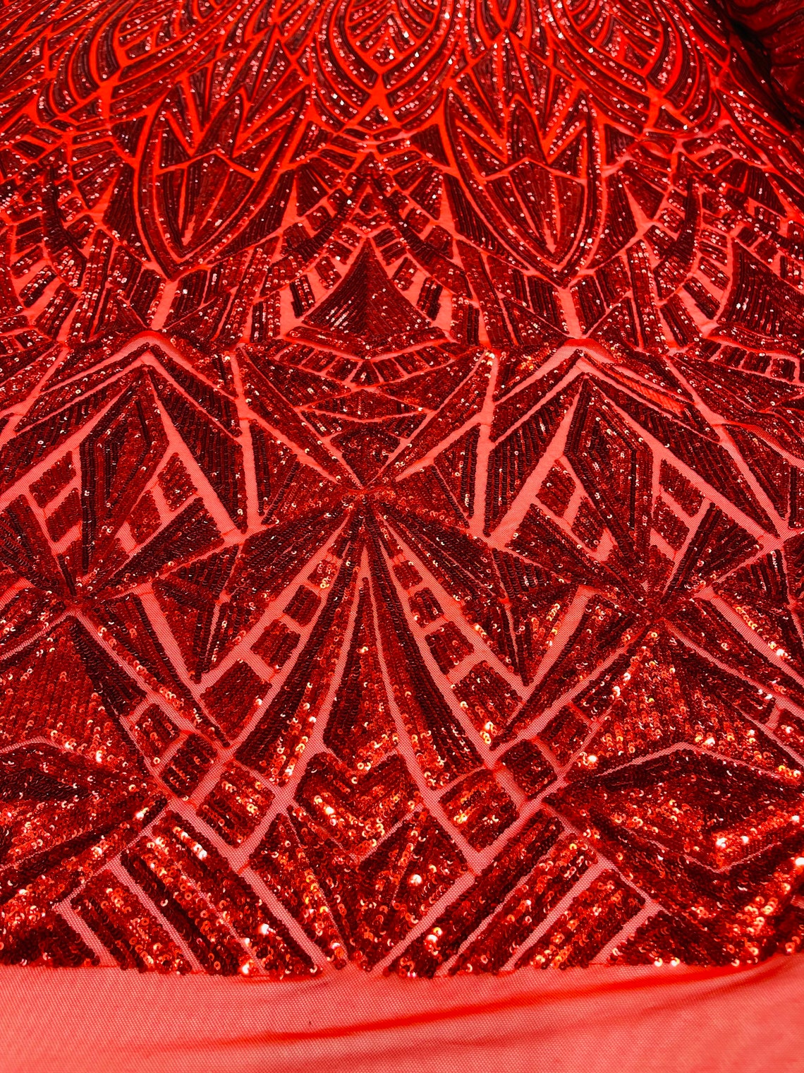 Sequins Fabric - Red - Geometric Pattern Design 4 Way Stretch Sold By