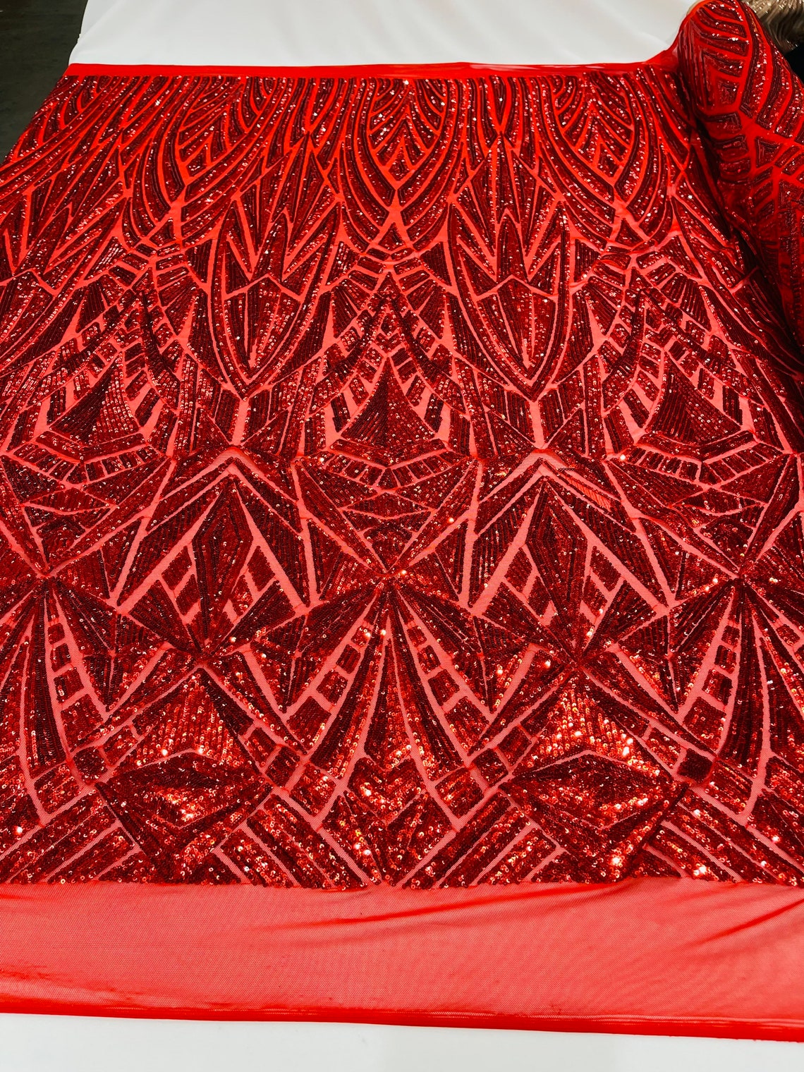 Sequins Fabric - Red - Geometric Pattern Design 4 Way Stretch Sold By