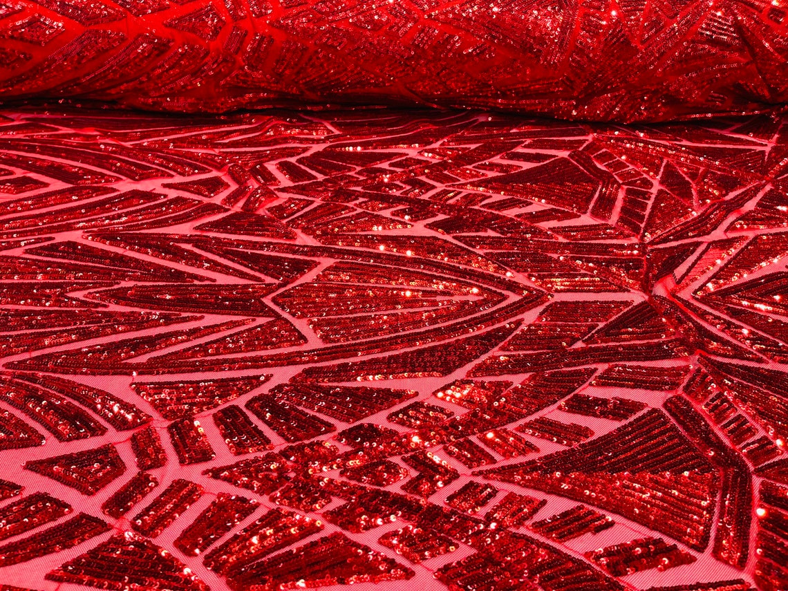 Sequins Fabric - Red - Geometric Pattern Design 4 Way Stretch Sold By