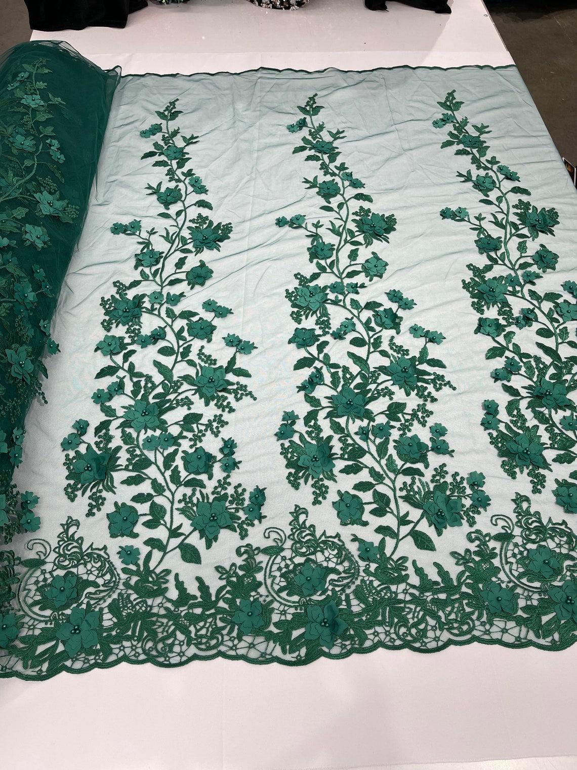 3D Floral Design - Hunter Green - Flowers Embroidered and Beaded With