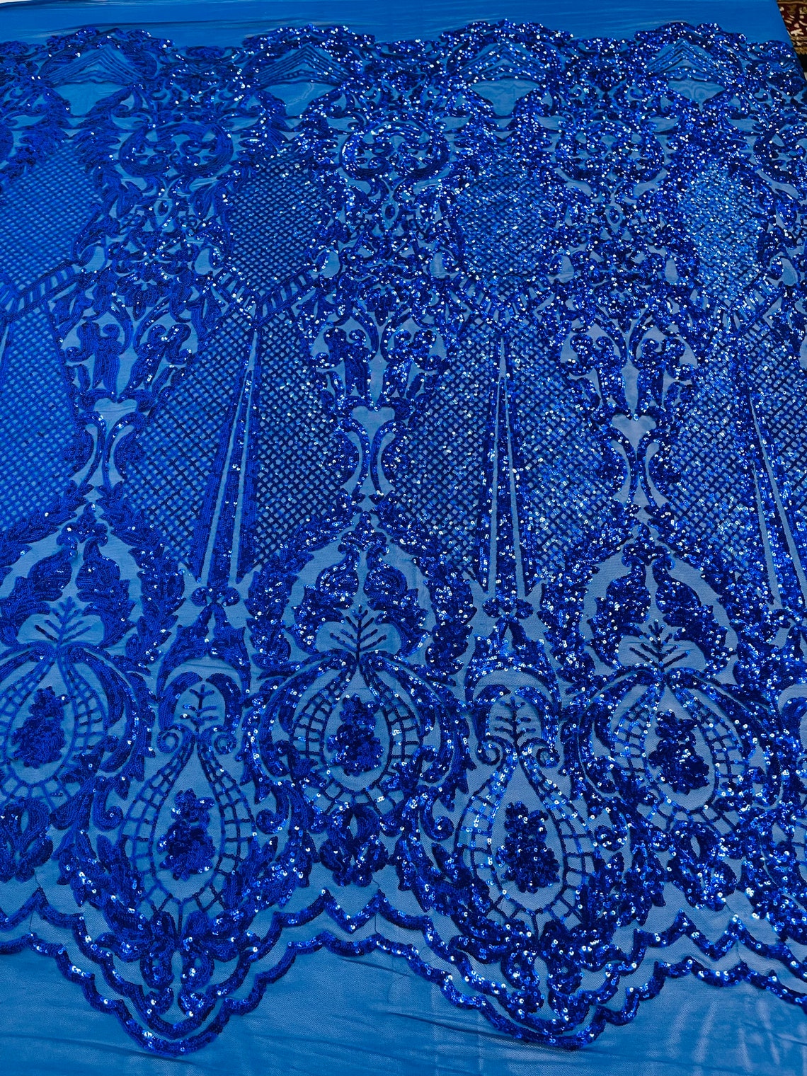Damask Stretch Sequin - Royal Blue - Designer Damask Fabric on 4 Way S