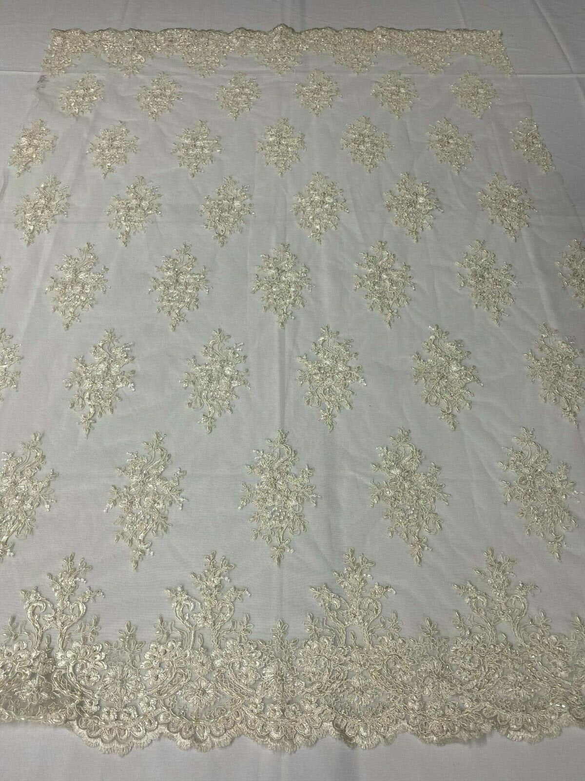 Ivory Floral Cluster Bead Fabric - Embroidered Flower Beaded Fabric We