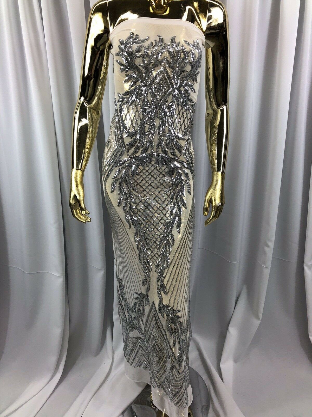 SILVER Geometric Design On Spandex Mesh-Prom-Gown, 4 Way Stretch Sequi