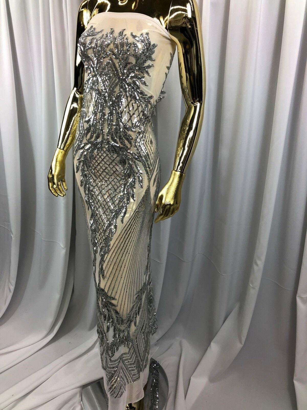 SILVER Geometric Design On Spandex Mesh-Prom-Gown, 4 Way Stretch Sequi