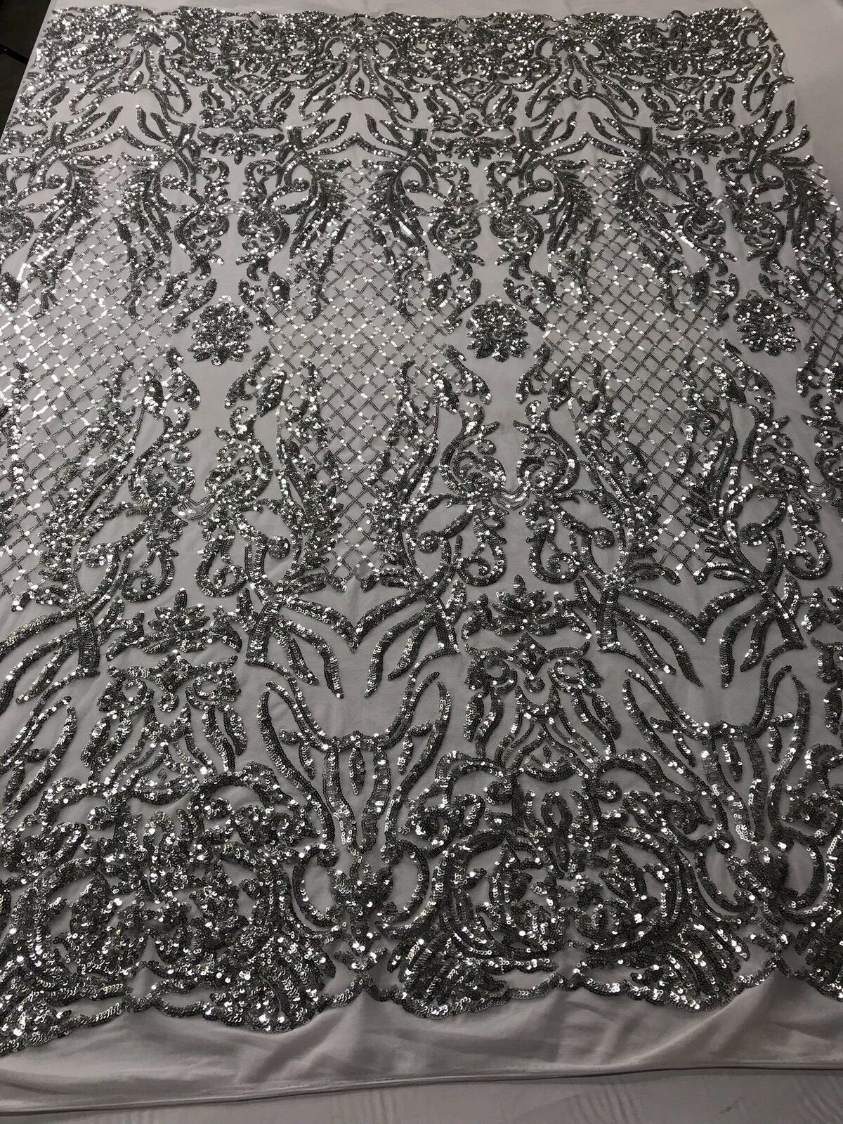4 Way Stretch Fabric Design - Silver - Fancy Net Sequins Design Fabric