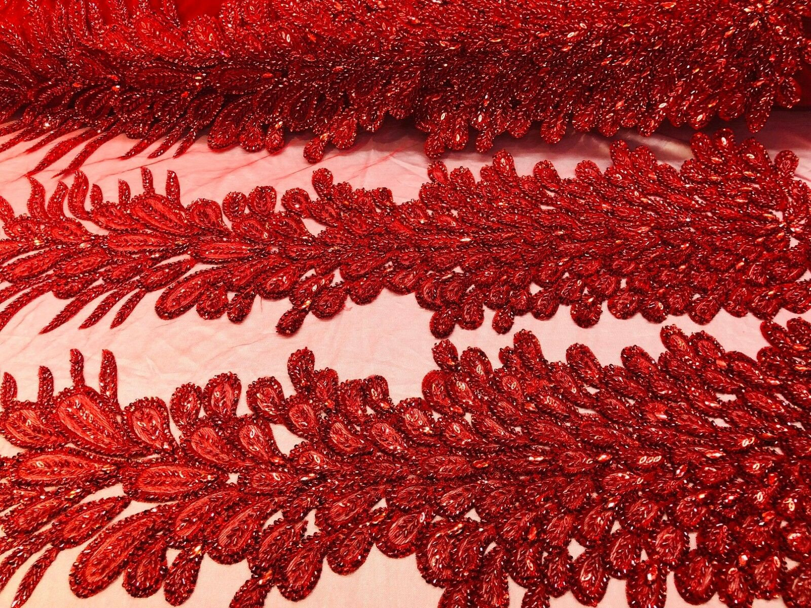 Fancy Beaded Fabric Red - Embroidery Beads Mesh Fabric - Prom-Gown-Dre