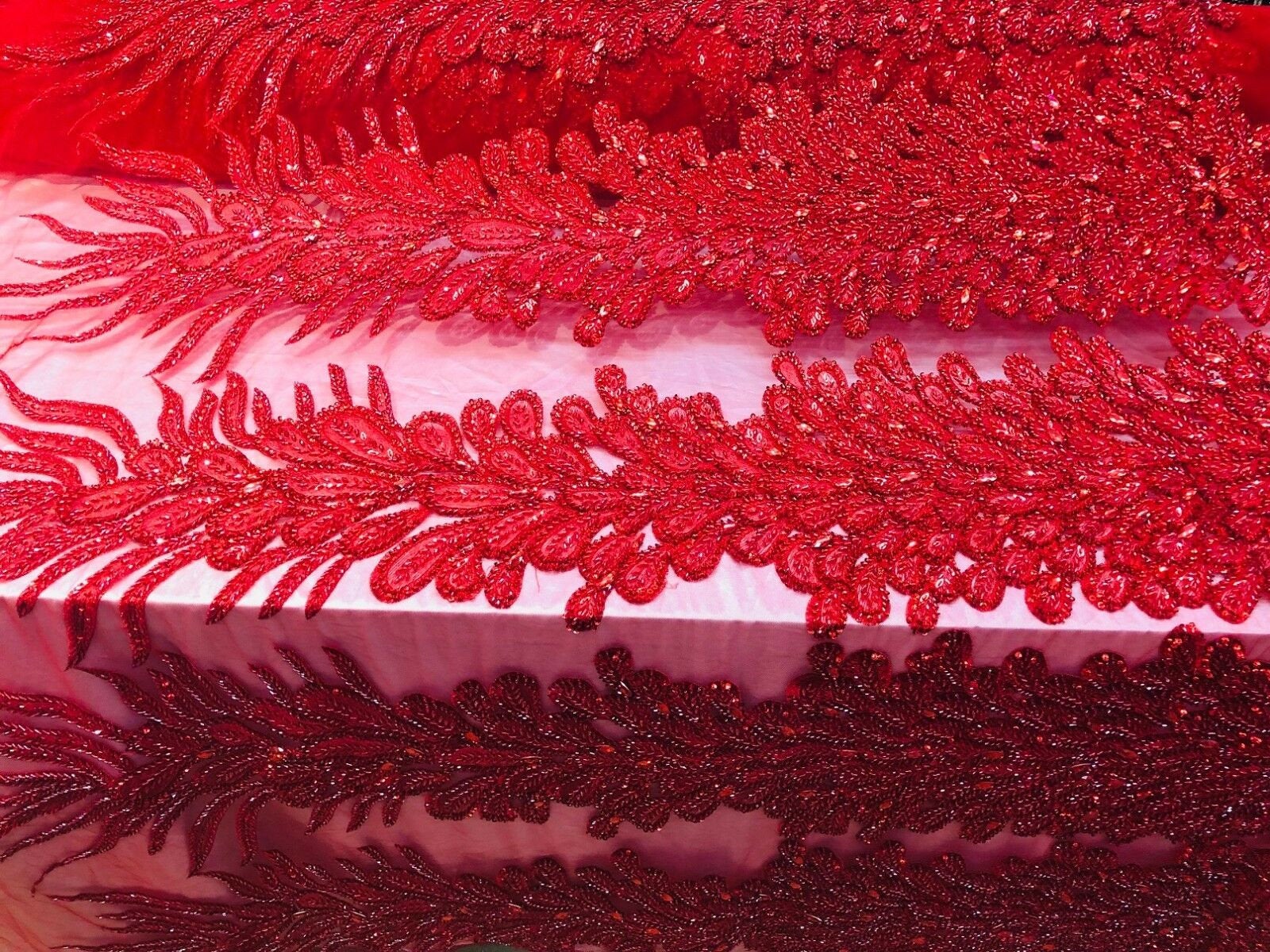 Fancy Beaded Fabric Red - Embroidery Beads Mesh Fabric - Prom-Gown-Dre