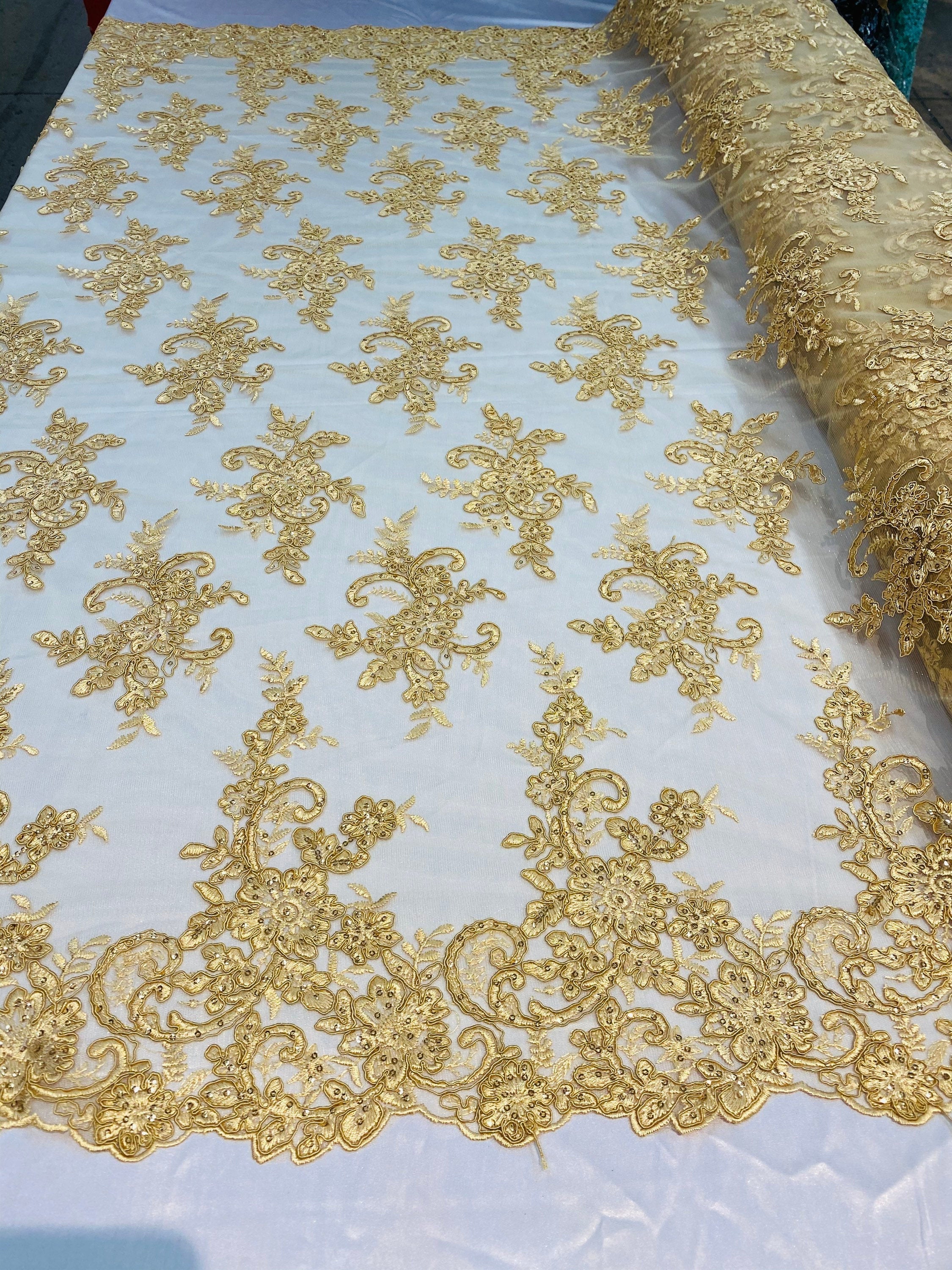 Gold Lace Fabric, Corded Flower Embroidery With Sequins on a Mesh Lace