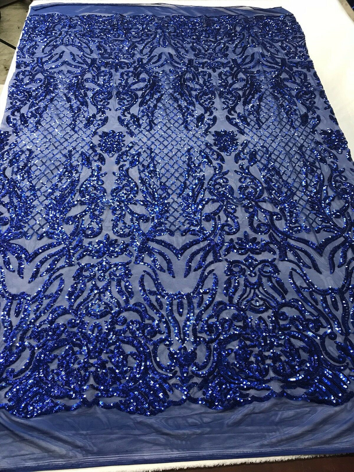 4 Way Stretch Fabric Design - Royal Blue - Fancy Net Sequins Design Fa