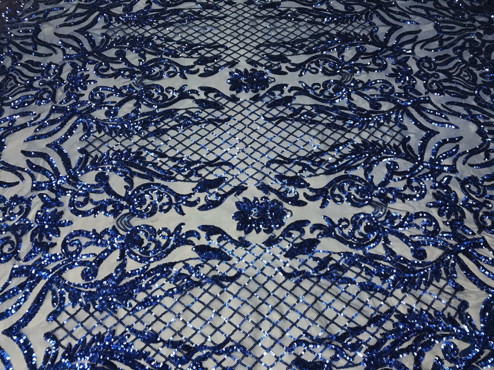 4 Way Stretch Fabric Design - Royal Blue - Fancy Net Sequins Design Fa