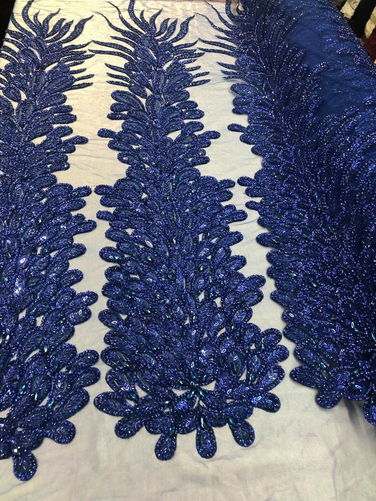 Fancy Beaded Fabric Royal Blue - Embroidery Beads Mesh Fabric - Prom-G